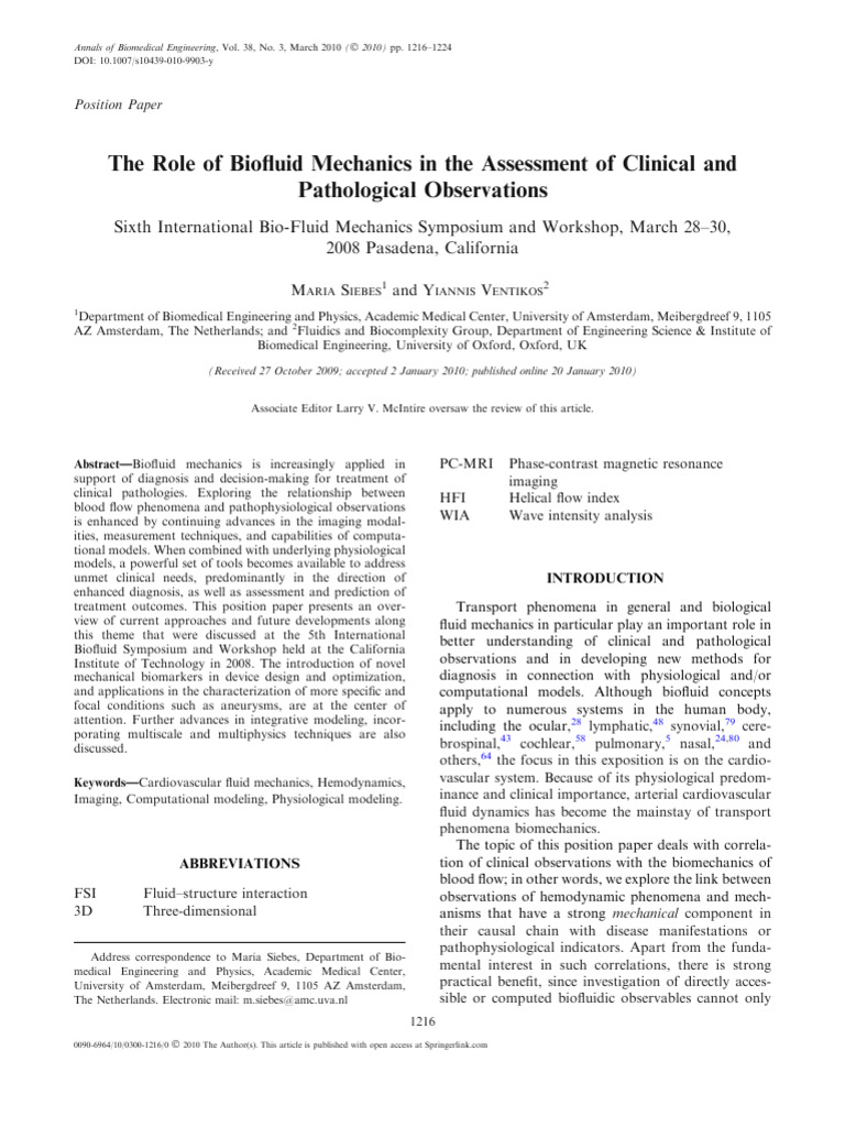 The Role of Biofluid Mechanics in the Assessment of Clinical | PDF | Medical Imaging | Biomechanics