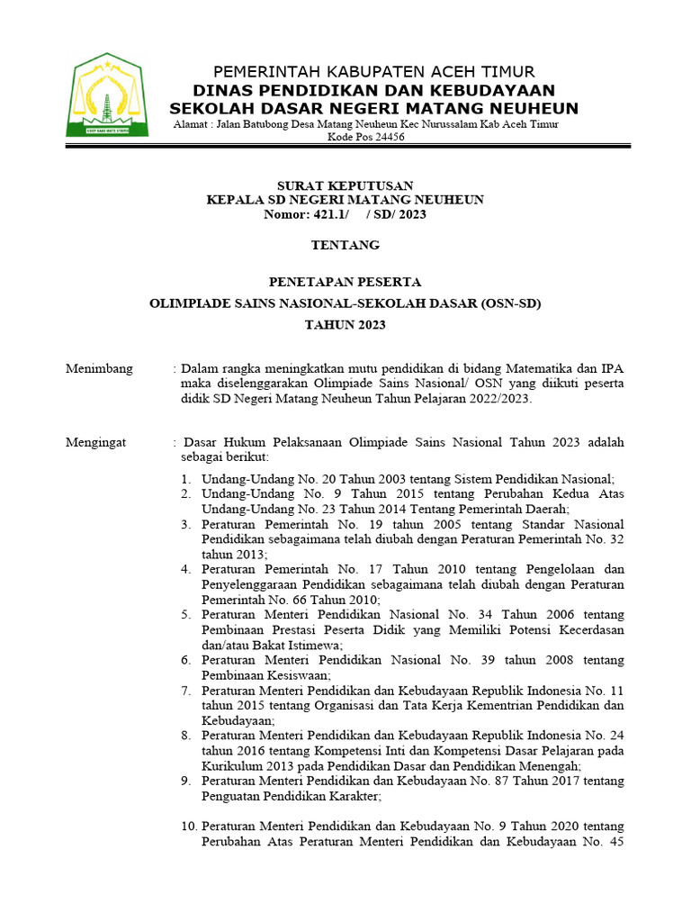 SK Sekolah Peserta KSN Contoh 2024 | PDF