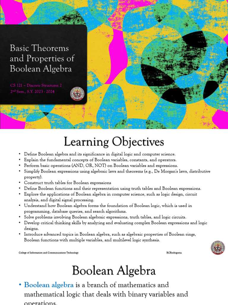 Cs 211 1 Basic Theorems And Properties Of Boolean Algebra 2ndsem 2023 2024 Pdf Boolean