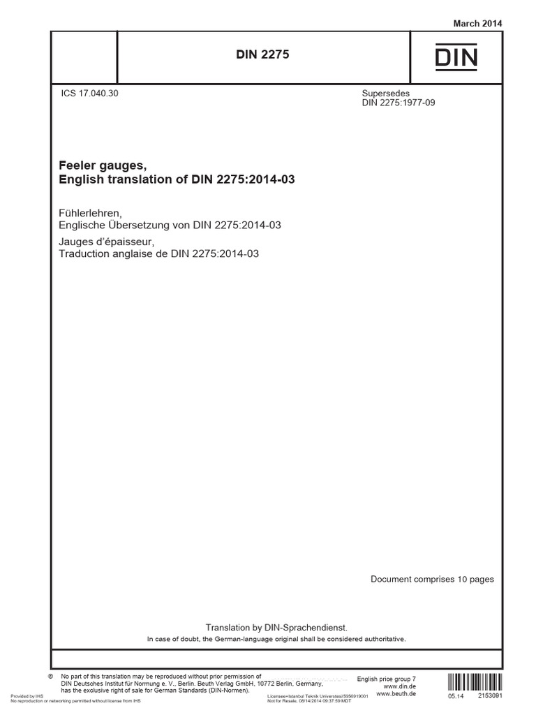 DIN 2275: Feeler Gauge Standards | PDF