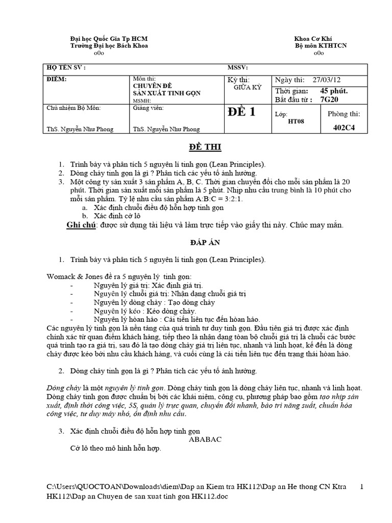 Dap An Chuyen de San Xuat Tinh Gon HK112 | PDF