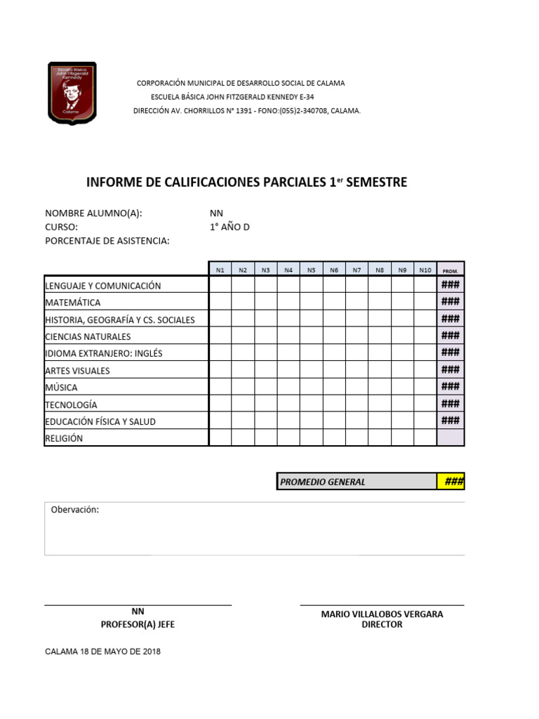 Plantilla Notas Parciales 1 Pdf Science
