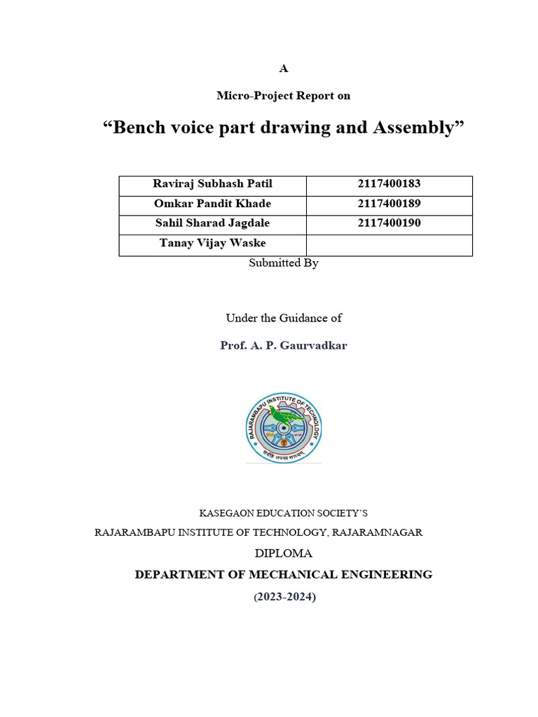 "Bench Voice Part Drawing and Assembly": A Micro-Project Report On ...