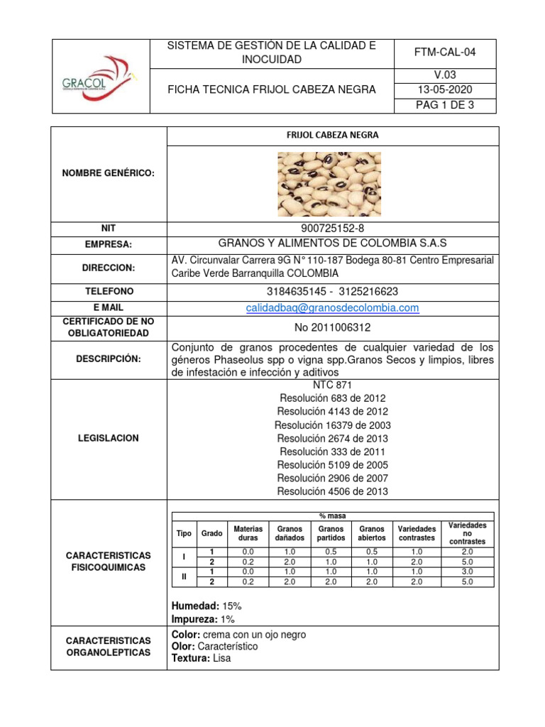 FT Frijol Cabeza Negra | PDF | Etiqueta de información nutricional