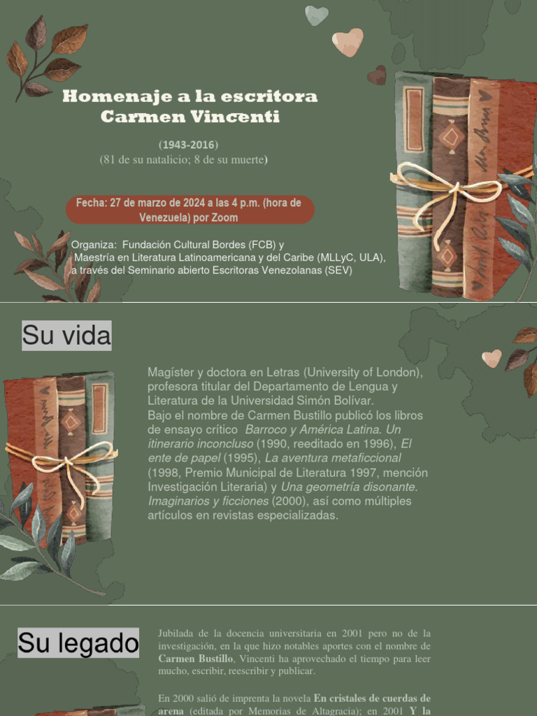 Presentación Del Homenaje A La Escritora Venezolana Carmen Vincenti 27 de Marzo de 2024 | PDF ...