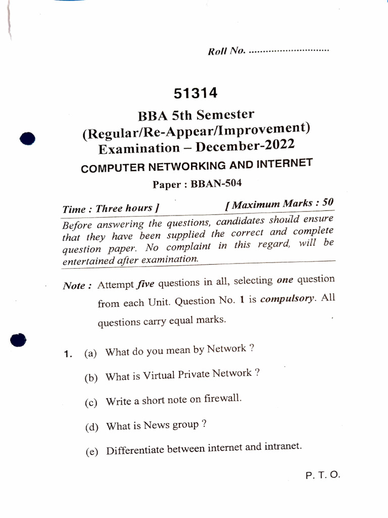 BBA 5th Semester Computer Networking Exam | PDF | Computer Network ...