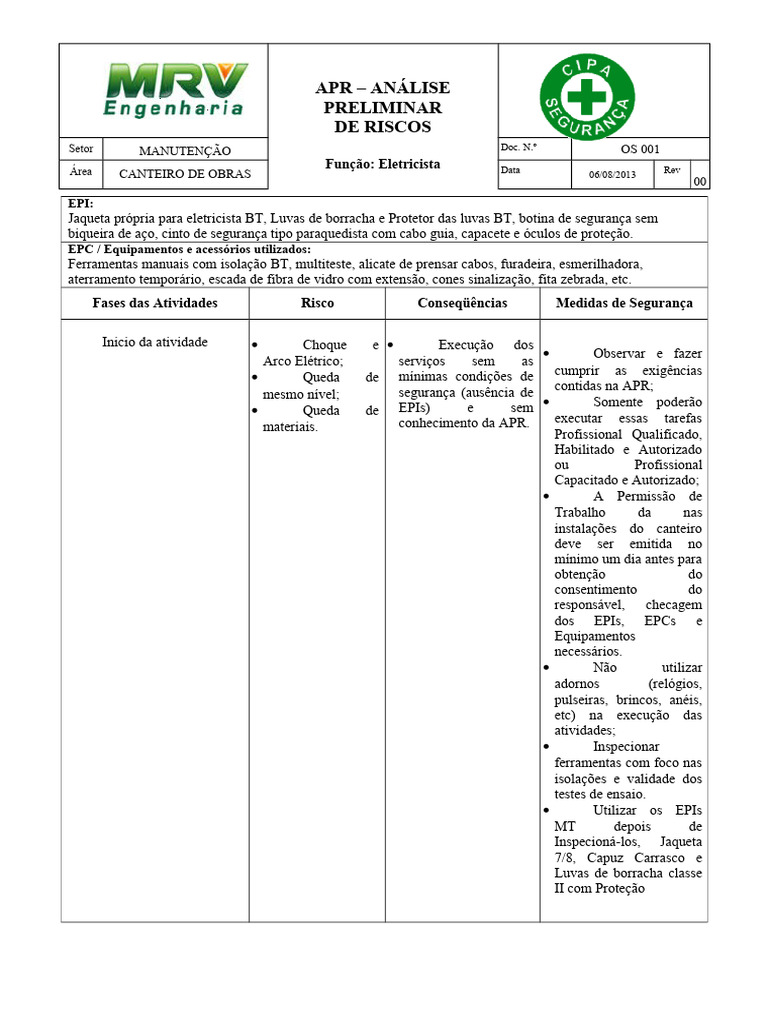 Analise Preliminar de Riscos Manutenção | PDF | Eletricista ... Analise Preliminar de Riscos Manutenção | PDF | Eletricista ...