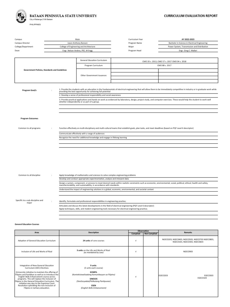 BPSU BSEE Curriculum 2022 2023 | PDF