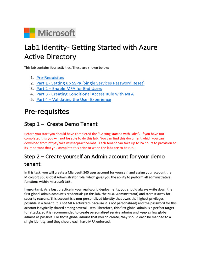 Lab1 Identity - Getting Started With Azure AD | PDF | Password | Authentication