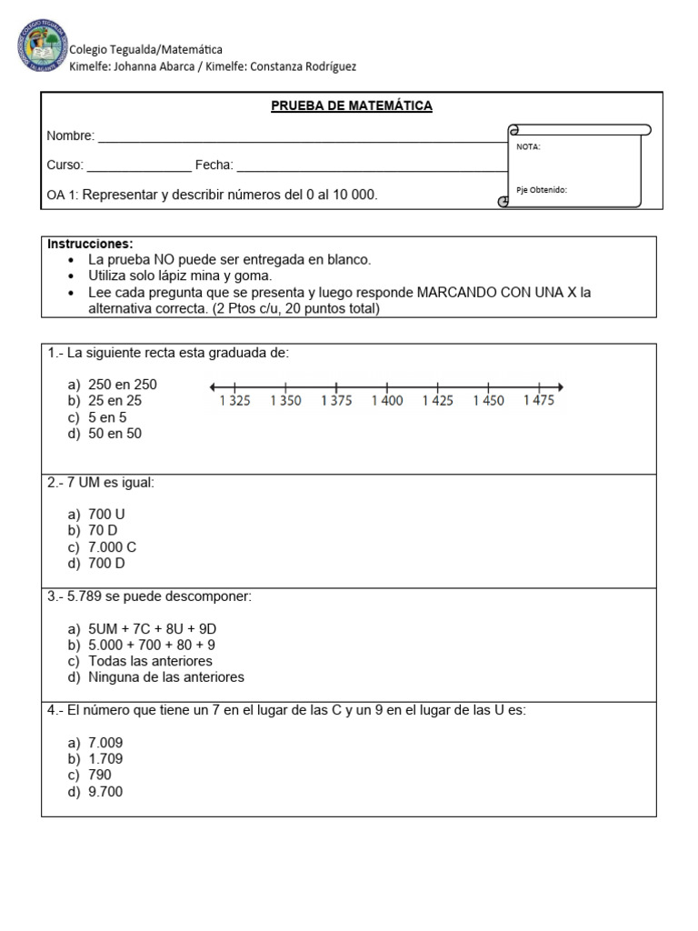 Prueba de Matemáticas OA1 4TO | PDF