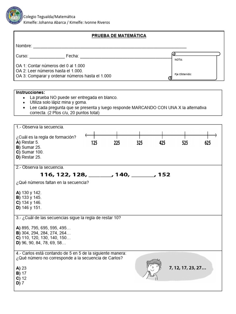 Prueba de Matemáticas OA1 3RO | PDF | Métodos y materiales de enseñanza