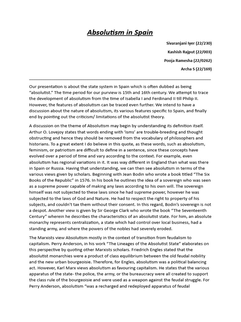 Absolutism in Spain Presentation Write Up | PDF | History | Classics