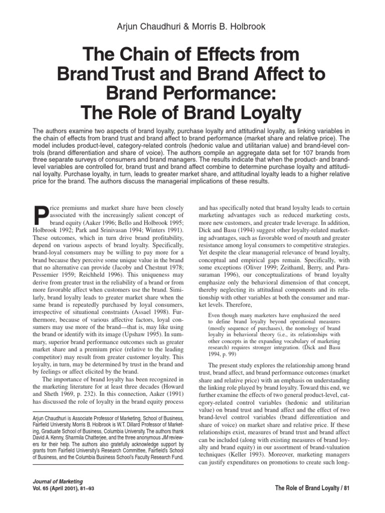 Chaudhuri Holbrook 2001 The Chain of Effects From Brand Trust and Brand Affect To Brand ...