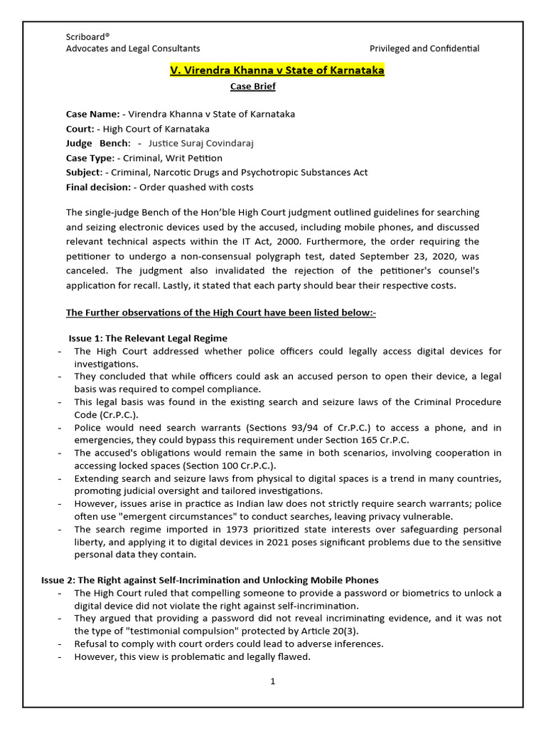 V. Virendra Khanna V State of Karnataka | PDF | Right To Silence | Privacy