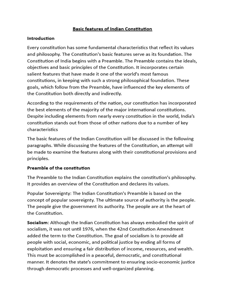 Basic Features of The Indian Constitution | PDF | Constitution ...