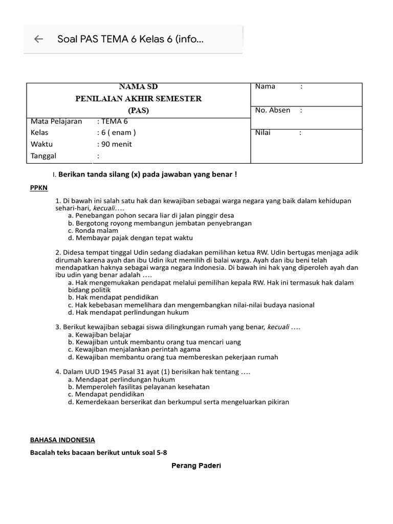 Soal PAS TEMA 6 Kelas 6 | PDF