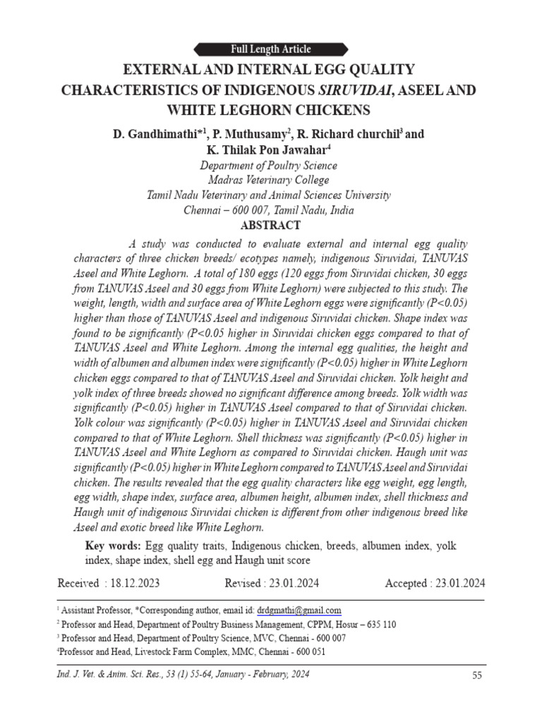External And Internal Egg Quality Characteristics Of Indigenous Siruvidai Aseel And White