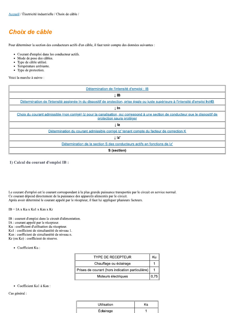 Choix de Câble - Calculs Courants Ib-Iz | PDF