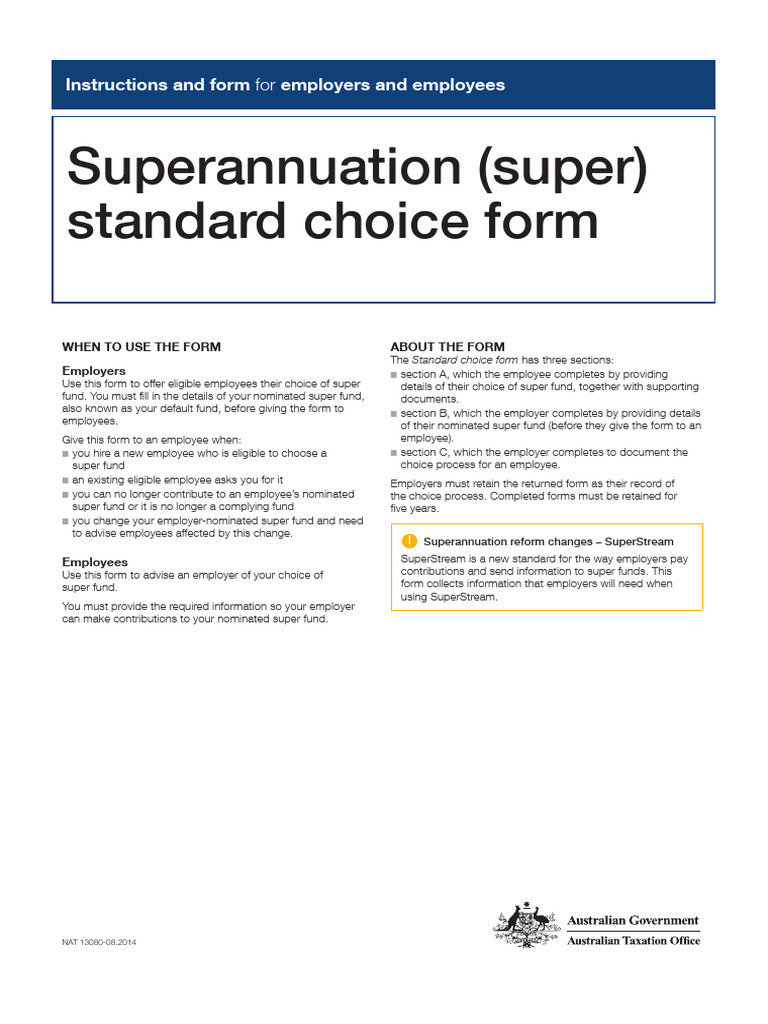Superannuation (Super) Standard Choice Form: Instructions and Form For ...