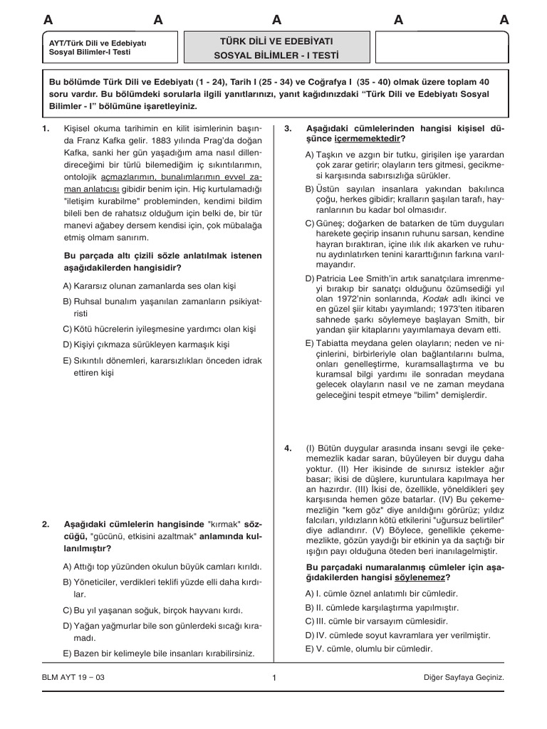 2020 Ayt Deneme Sinavi 3 Bilim Soru | PDF