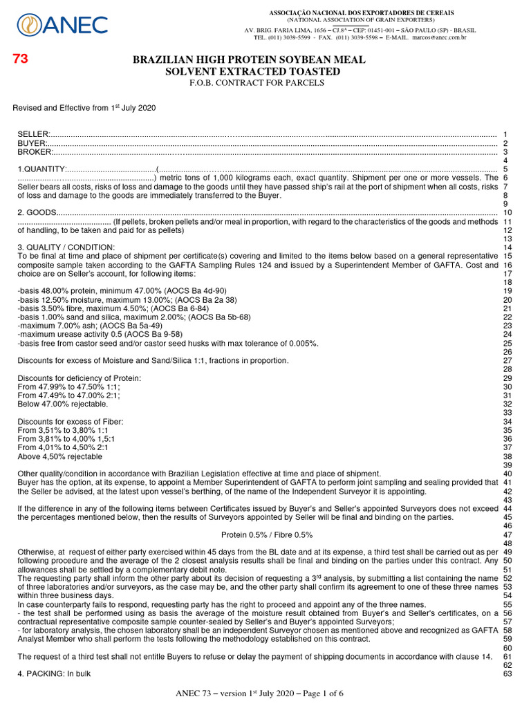 ANEC 73 - 2020 - Brazilian Soybean meal Hipro - FOB Parcels | PDF ...