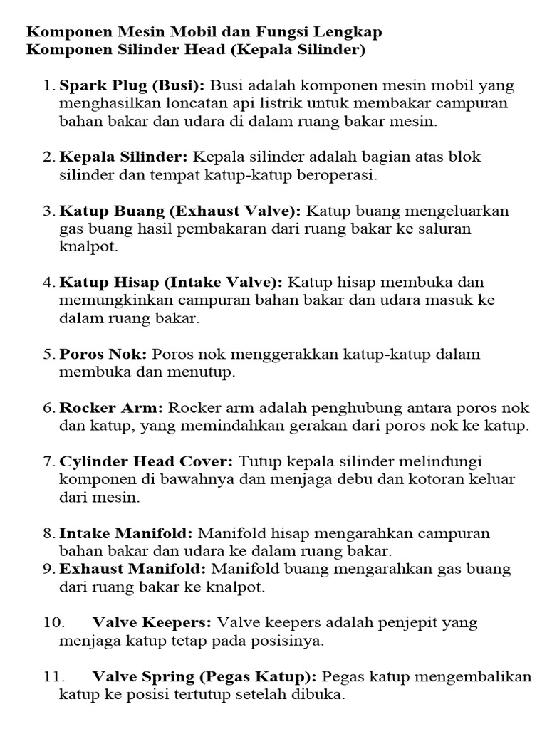 Daftar Komponen Mobil | PDF