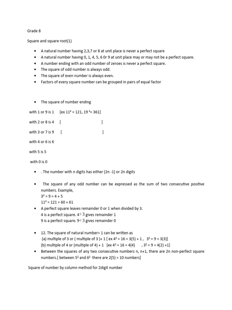 Grade 8 Notes (Square and Square Root) 1 - 1686649427 | PDF | Numbers ...