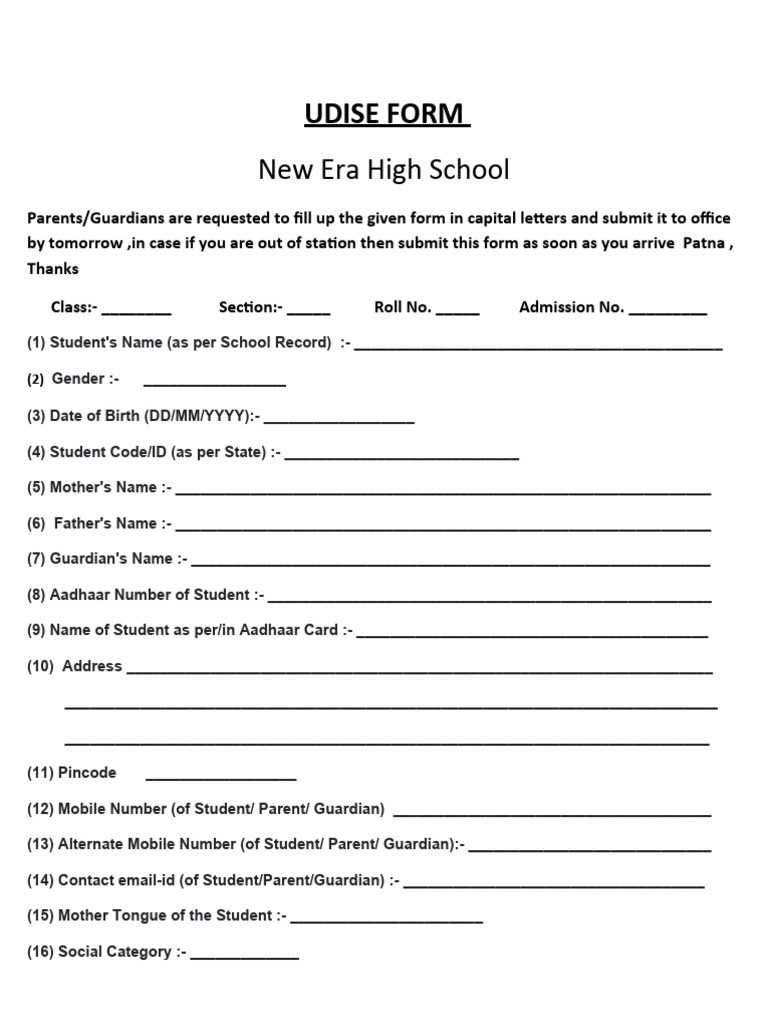 UDISE Form New Era High School | PDF