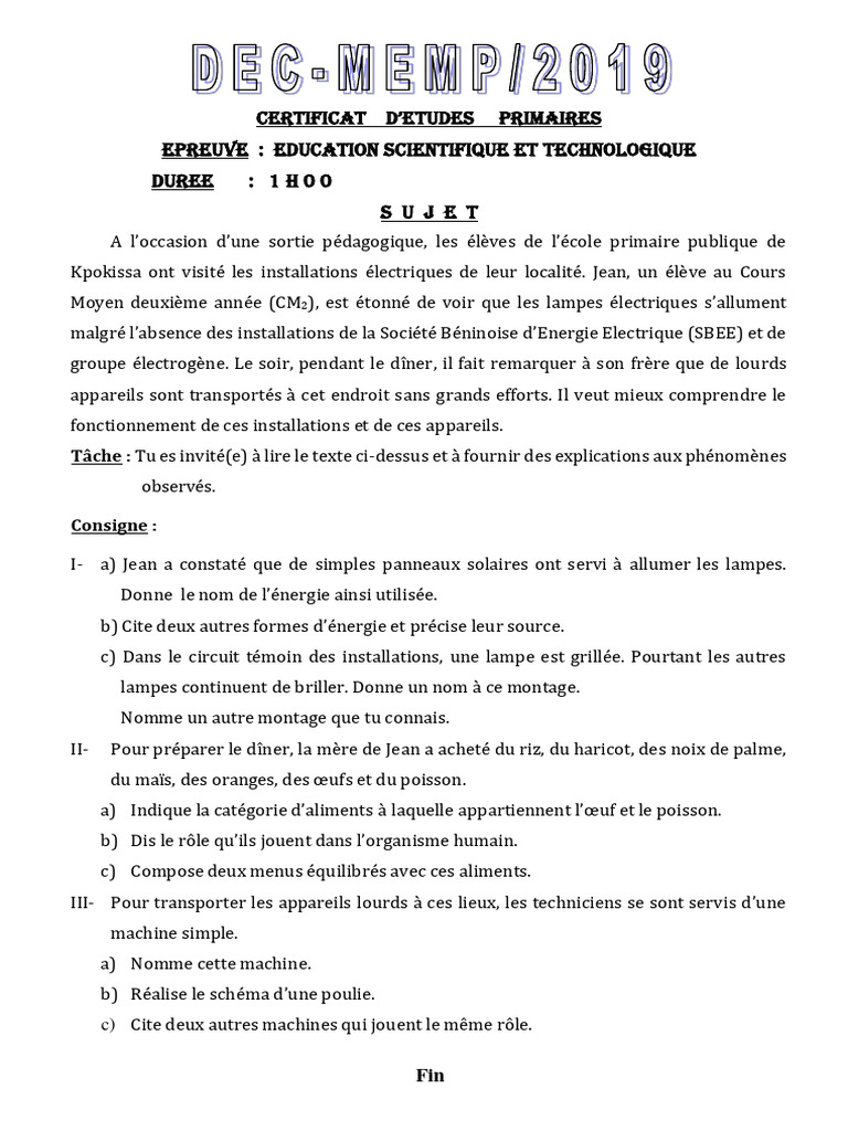 Epreuve Cep 2019 Session Normale Education Scientifique Et Technologique | PDF