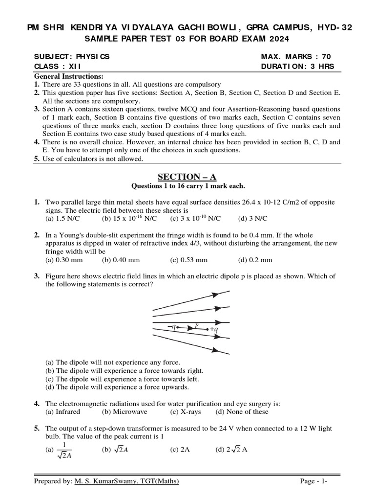 Physics Class Xii Sample Paper Test 03 For Board Exam 2024 | PDF ...