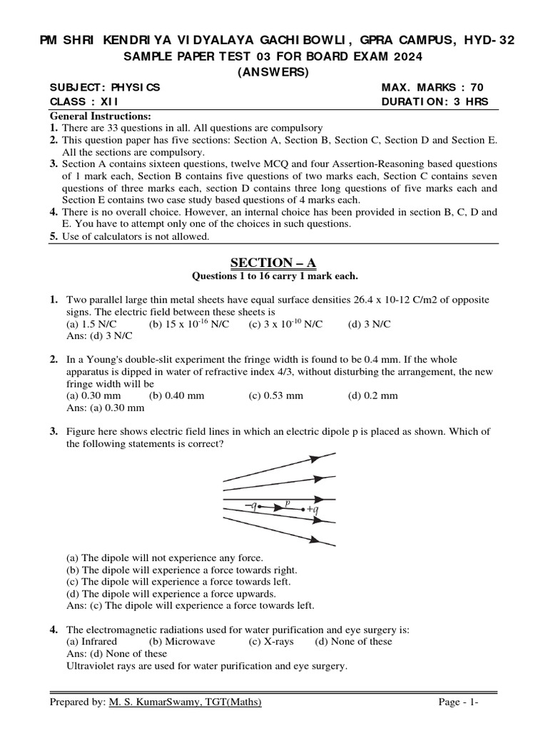 Physics Class Xii Sample Paper Test 03 For Board Exam 2024 Answers ...