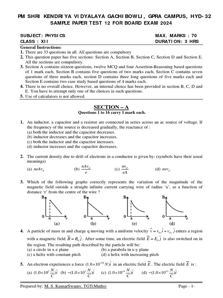 Physics Class Xii Sample Paper Test 12 For Board Exam 2024 | PDF ...