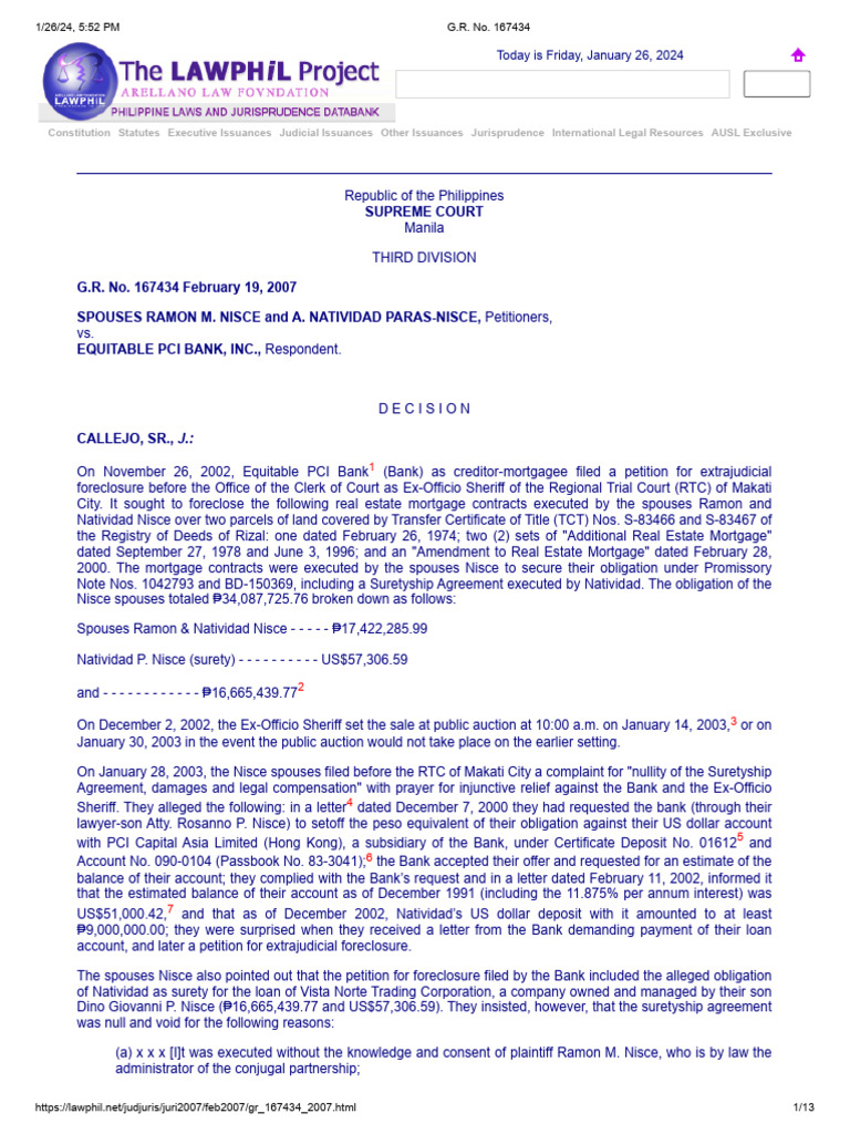 Sps. Nisce V Equitable PCI Bank | PDF