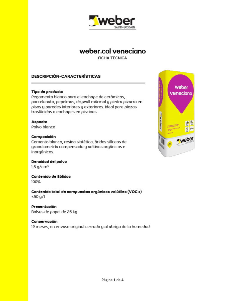 Ficha Tecnica Weber - Col Veneciano | PDF | Agua | Materiales