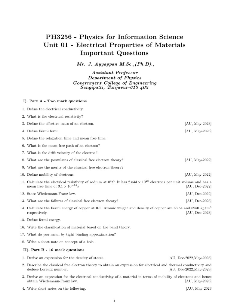 PH3256 - Unit 01 - Question Bank | PDF | Electron | Electrical ...