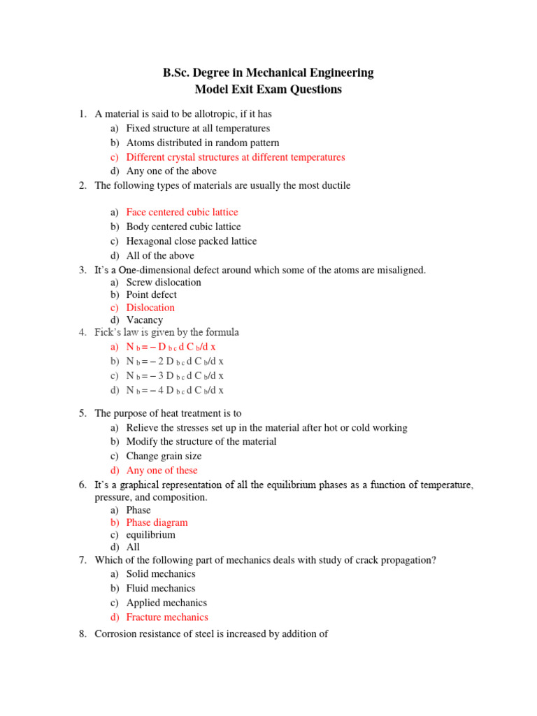Mechanical Engineering Model Exit Exam Q&A | PDF | Strength Of ...