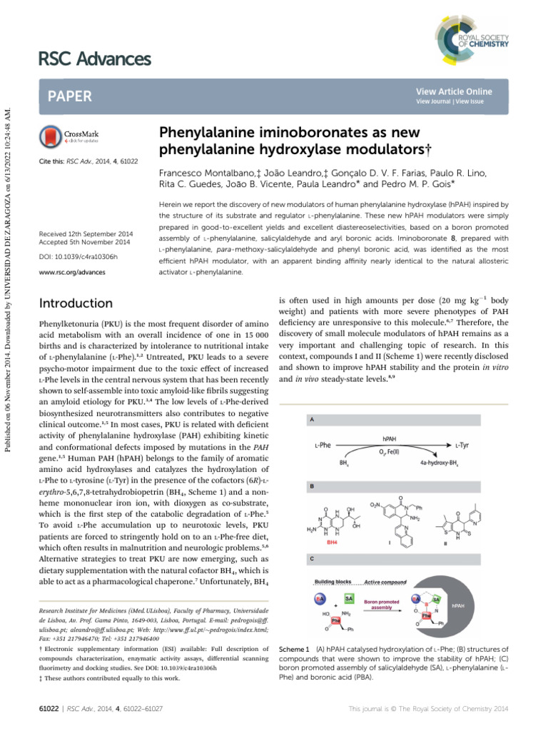 RSC Adv., 2014, 4, 61022-61027 Enzymatic Activity | PDF | Phenylalanine | Biochemistry