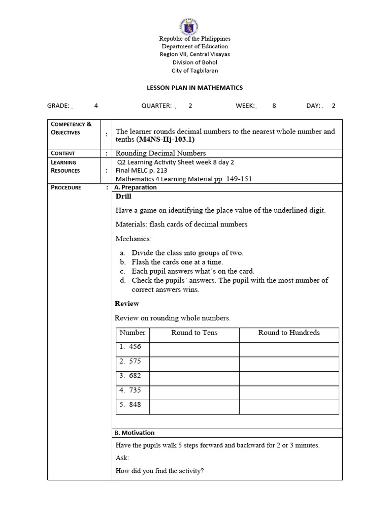 Prototype Lesson Plan in Math 4 q2 Week 8 Day 2 | PDF | Numbers ...