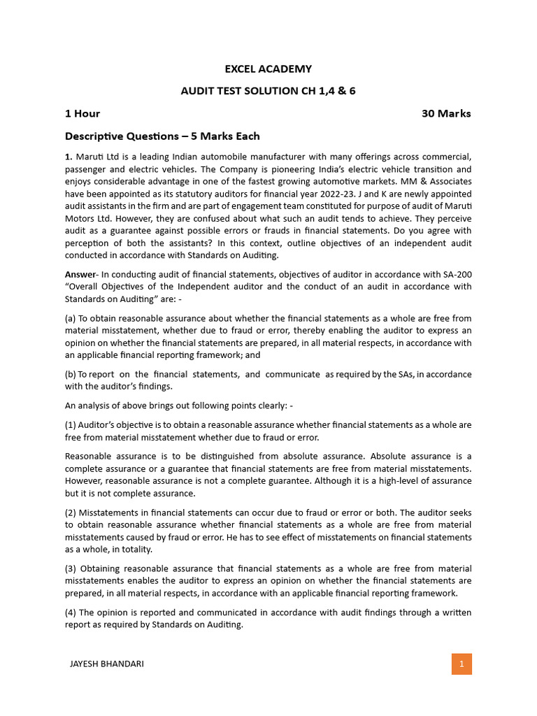 AUDIT Mock 1 Solution May 24 | PDF | Audit | Financial Audit