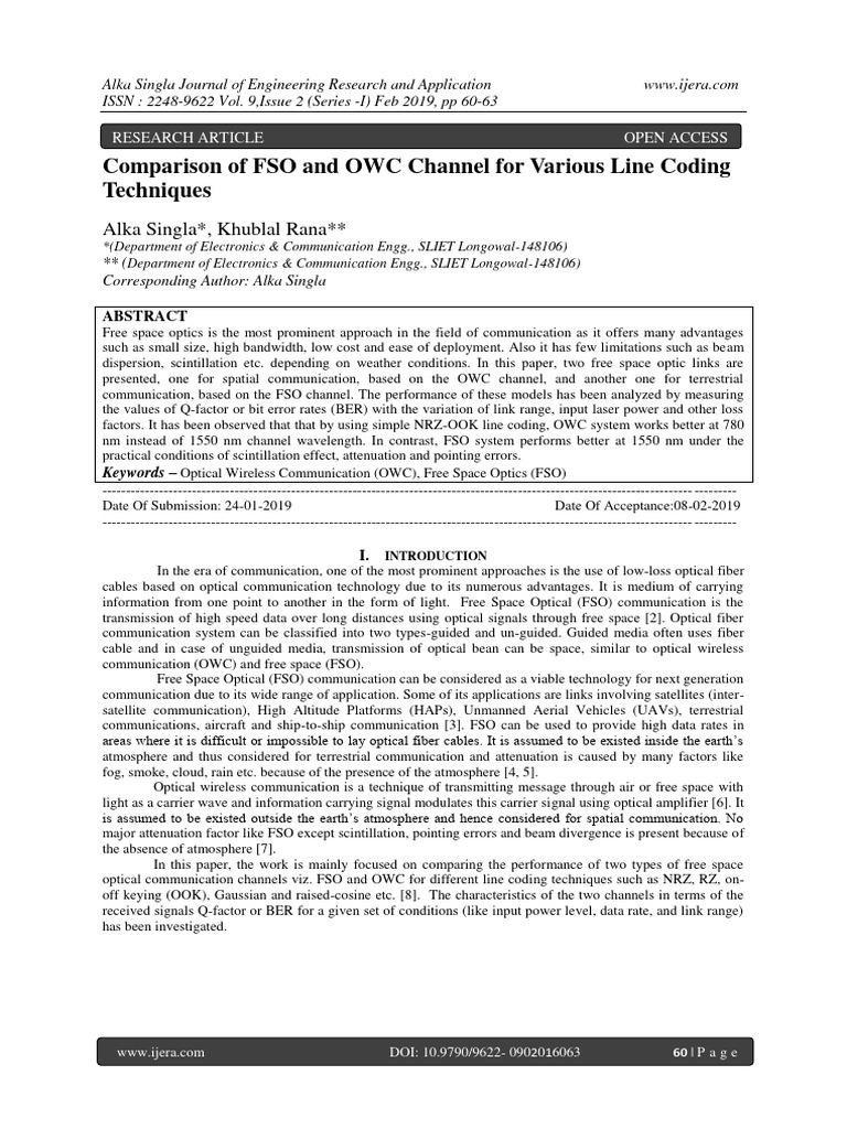 Comparison of FSO and OWC Channel For Various Line Coding Techniques | PDF | Transmission Medium ...