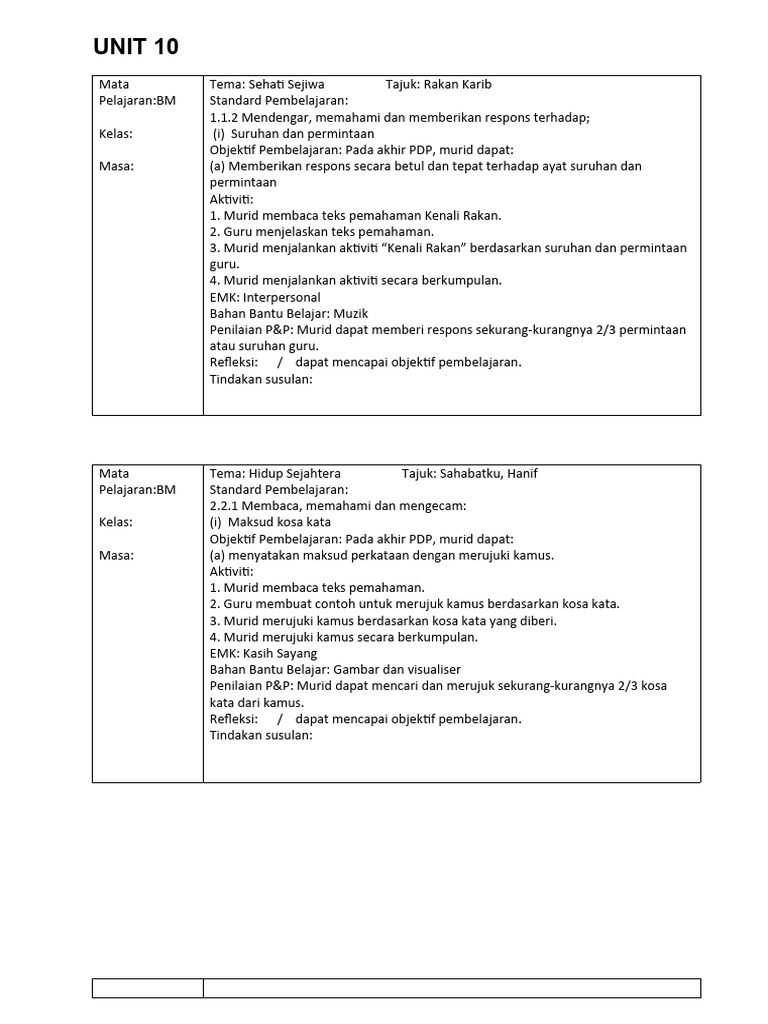 BM Tahun 1 RPH UNIT 10 | PDF