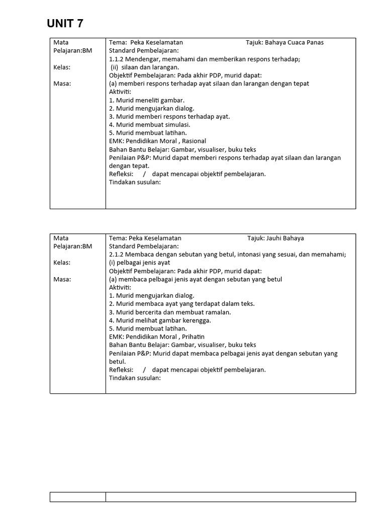 BM Tahun 1 RPH UNIT 7 | PDF