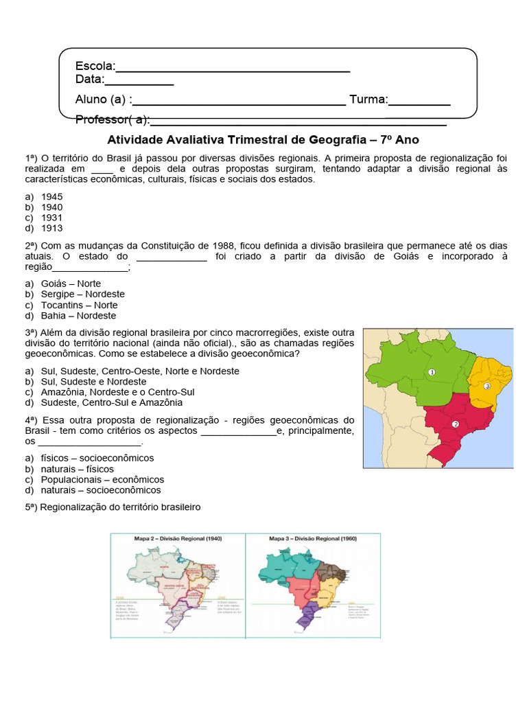 Atividade Avaliativa Trimestral de Geografia - 7º Ano Divisão Regional ...