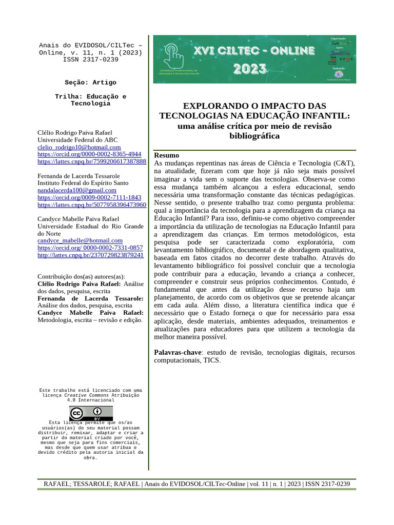 Explorando O Impacto Das Tecnologias Na Educação Infantil Pdf