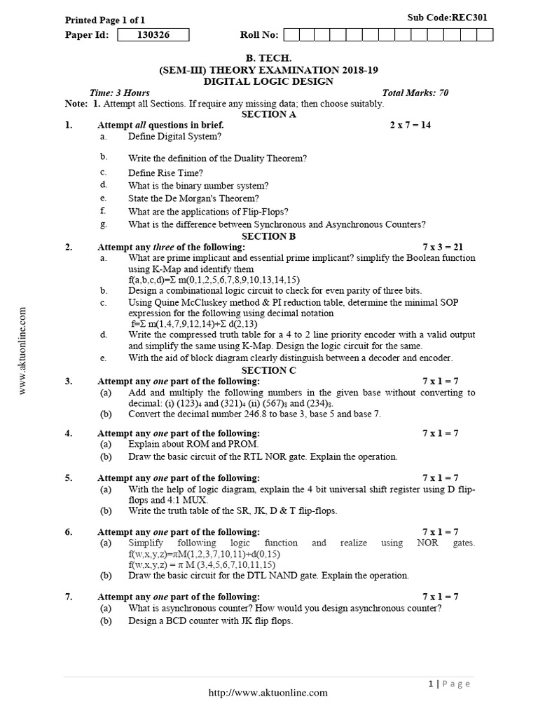 B.Tech Digital Logic Exam 2018-19 | PDF | Logic Gate | Computer Engineering