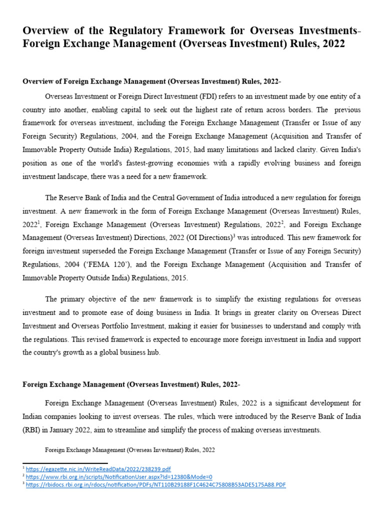 Overview of The Regulatory Framework For Overseas Investments - Foreign Exchange Management ...