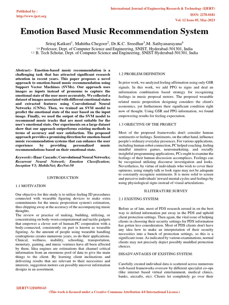 Emotion Based Music Recommendation System IJERTV12IS050143 | PDF | Art | Technology & Engineering