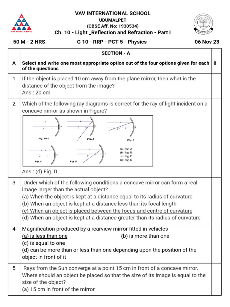 Light Reflection and Refraction Quiz | PDF | Mirror | Optics