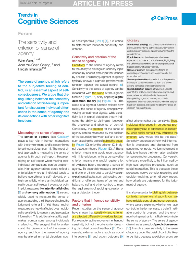 The Sensitivity and Criterion of Sense of Agency | PDF | Senses | Perception