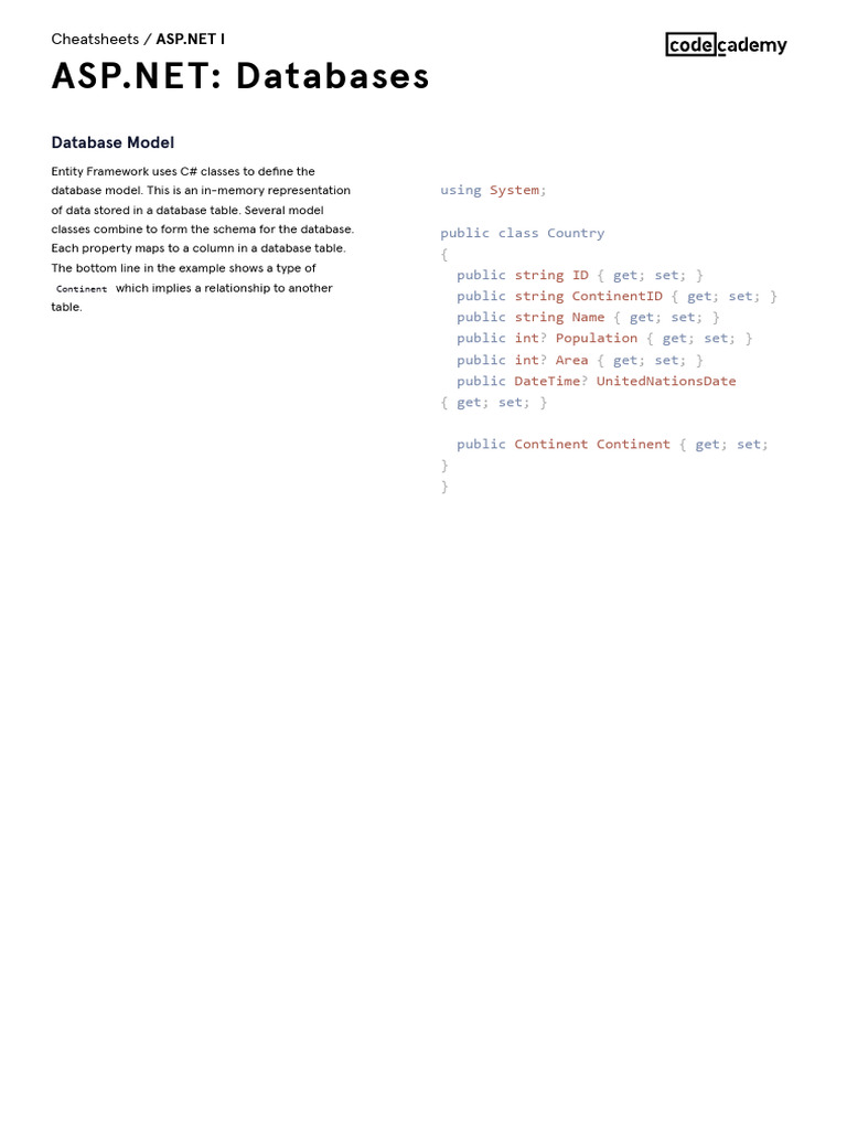 ASPNET - Databases Cheatsheet | Download Free PDF | Entity Framework | Databases